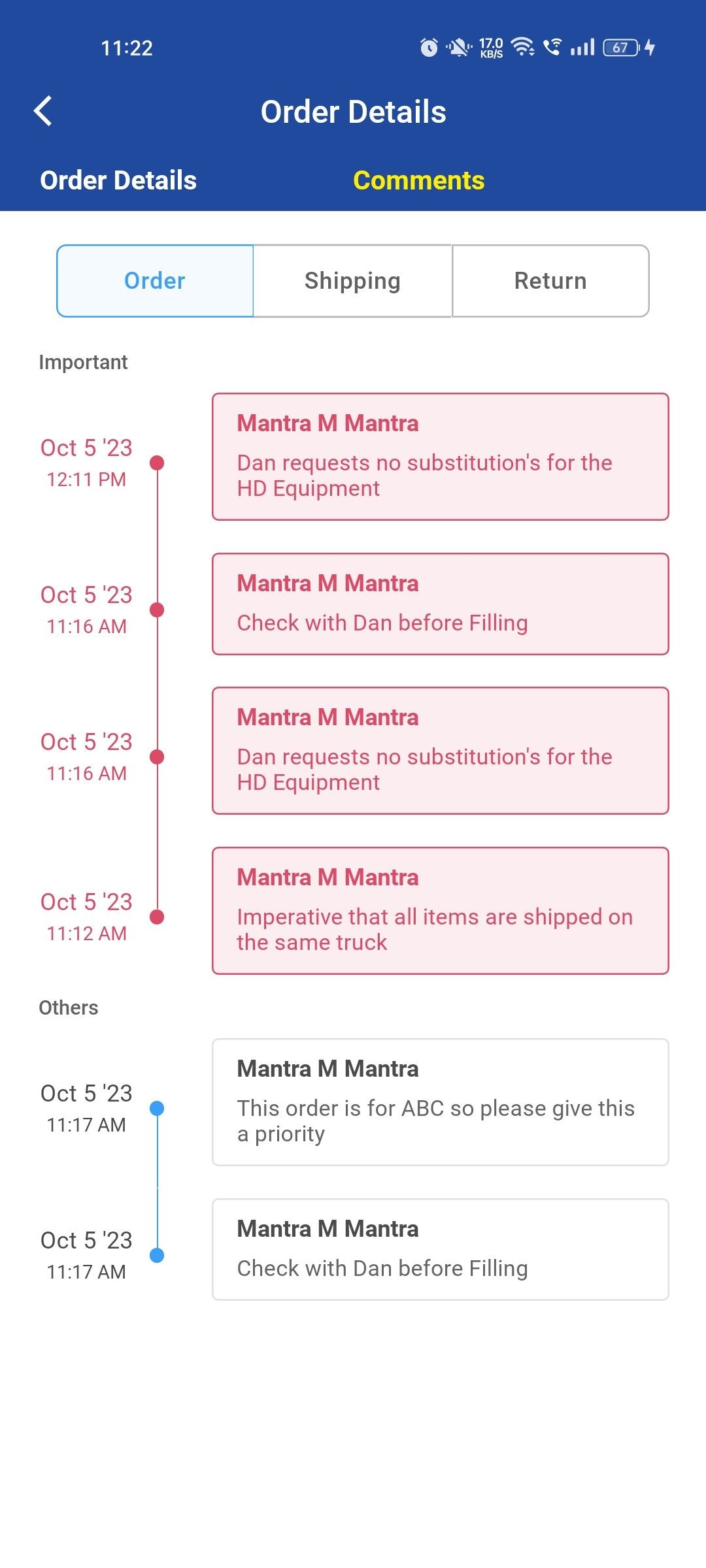 Order and Transfer Order Comments